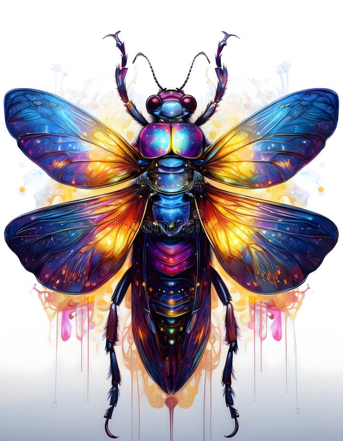 A Vibrant, Stylized Insect Illustration with Translucent Wings and a ...