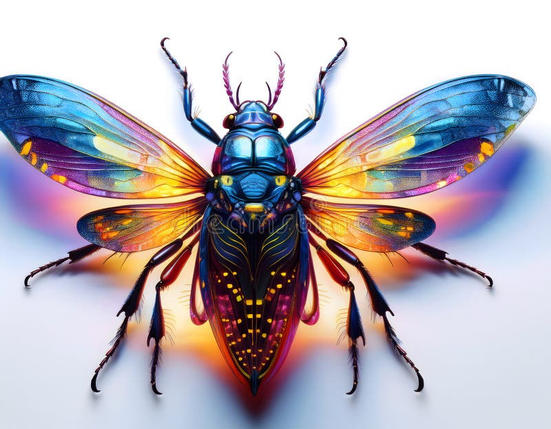 A Vibrant, Stylized Insect Illustration with Translucent Wings and a ...