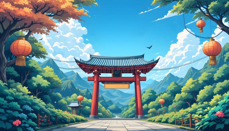 A Vibrant, Stylized Landscape Features a Torii Gate Surrounded by Lush ...