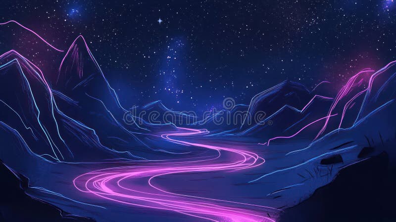 A Vibrant, Stylized Landscape Featuring a Glowing Pink River Under a ...
