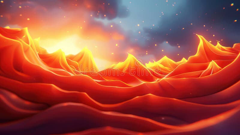 A Vibrant, Stylized Landscape of Rolling Waves Illuminated by a Glowing ...
