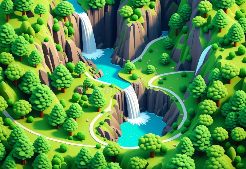 Vibrant Stylized Landscape with Waterfalls and Lush Forest Stock Photo ...