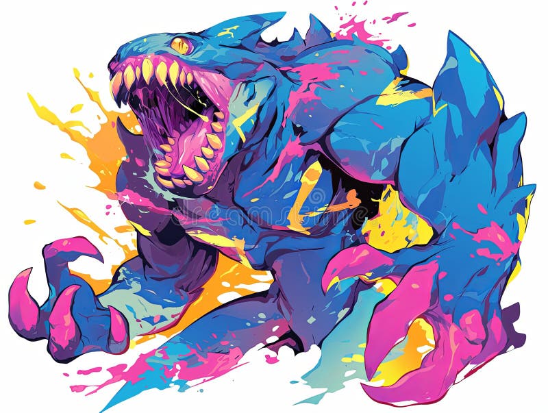 A Vibrant, Stylized Monster Roars Amidst Colorful Paint Splatters ...