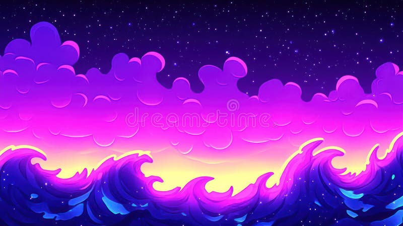 A Vibrant, Stylized Ocean Scene with Colorful Waves and a Starry Sky ...
