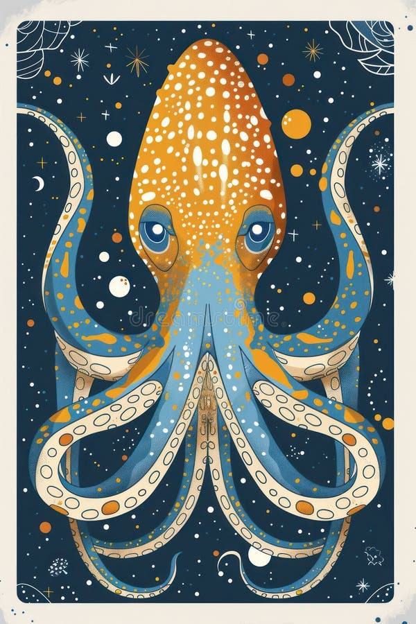 Cosmic Octopus: Celestial Sea Creature in Deep Blue and Gold Stock ...