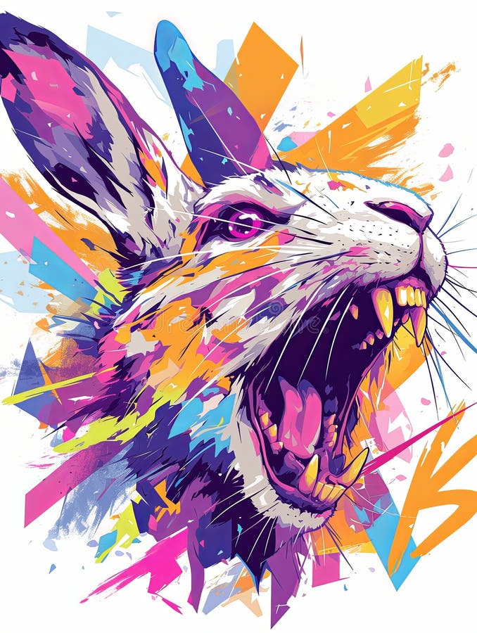 Vibrant, Stylized Rabbit Head, Roaring, Surrounded by Abstract Colorful ...