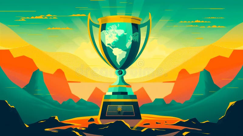 A Vibrant, Stylized Trophy with a Globe Design, Set Against a Colorful ...