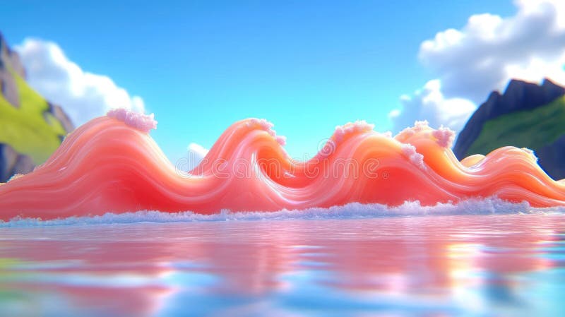 A Vibrant, Stylized Wave Formation in a Serene Landscape Under a Blue ...