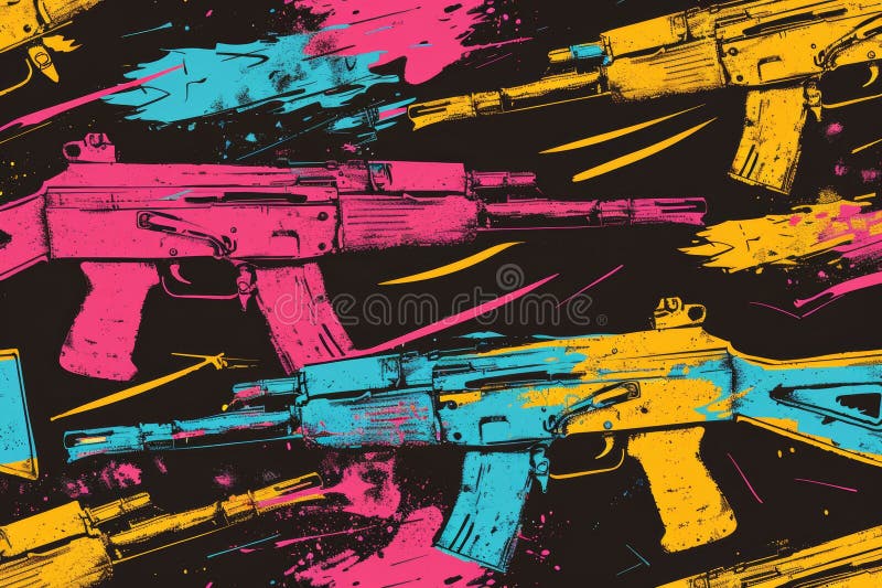 Vibrant Submachine Guns Pattern on Black with Dynamic Neon Stripes for ...