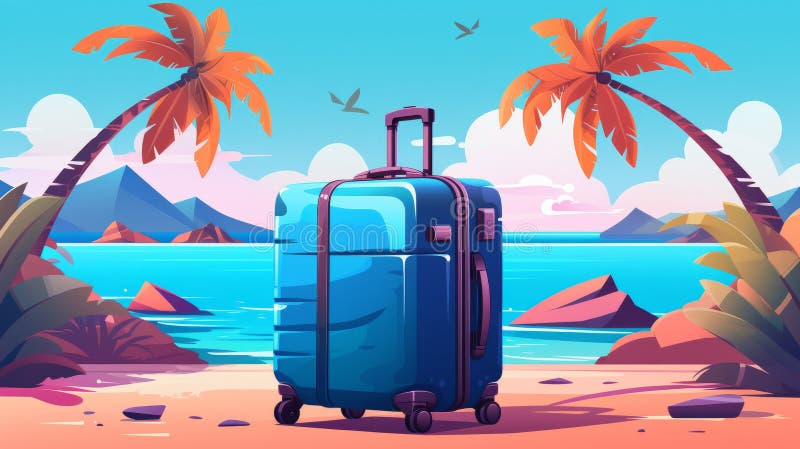 A Vibrant Suitcase Rests On A Tropical Beach Surrounded By Palm Trees