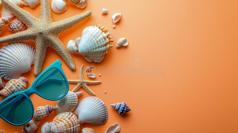 Vibrant Summer Beach Scene with Shells, Starfish, and Sunglasses on ...