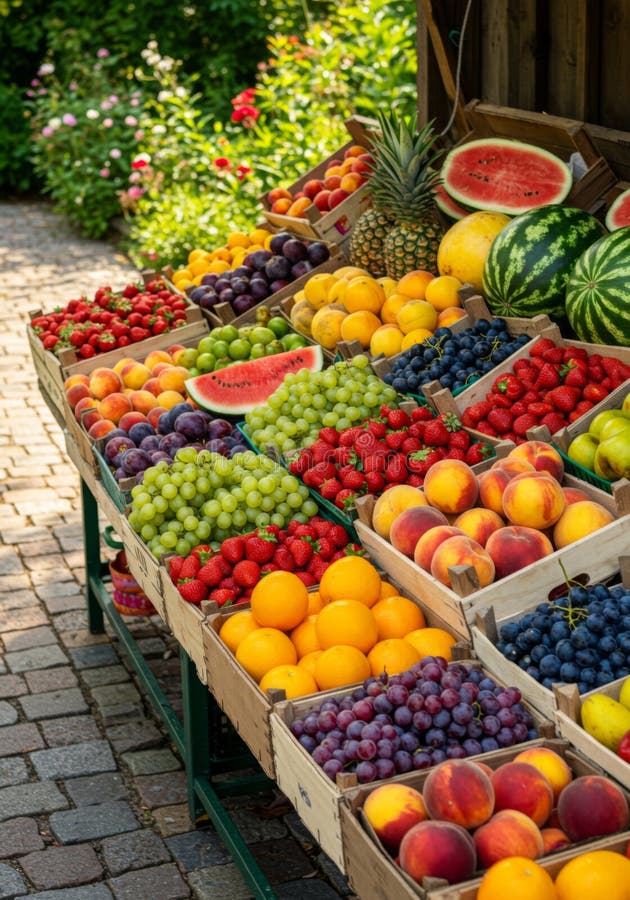 Vibrant Summer Fruit Display at Outdoor Market Stock Illustration ...
