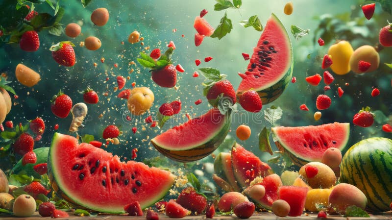 Vibrant Summer Fruit Explosion: Watermelon, Strawberry, and Apricot ...