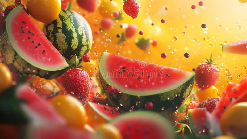 Vibrant Summer Fruit Splash: Watermelon, Strawberries and Citrus Stock ...