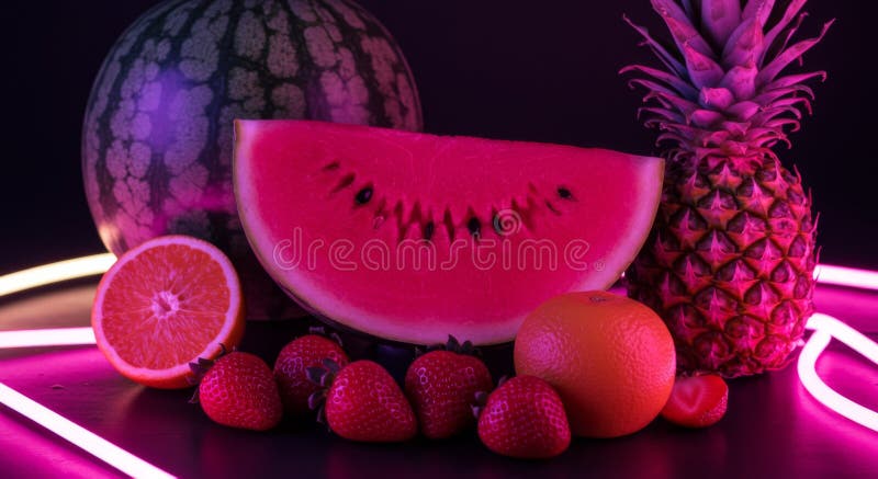 Vibrant Summer Fruit Still Life with Neon Lighting Stock Illustration ...