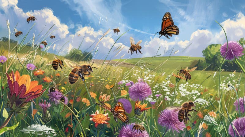 Vibrant Summer Meadow with Buzzing Bees and Fluttering Butterflies ...
