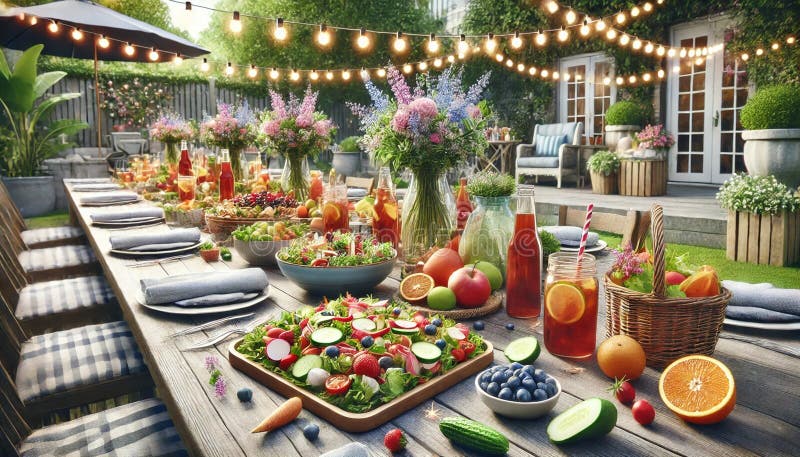Summer Backyard Party with Tables of Salads, Fresh Fruits, and Cold ...