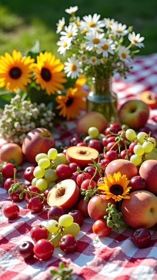 Vibrant Summer Picnic: Fresh Fruits and Flowers on Checkered Blanket ...