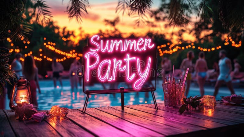 Vibrant Summer Pool Party at Sunset with Neon Sign and Decorations ...