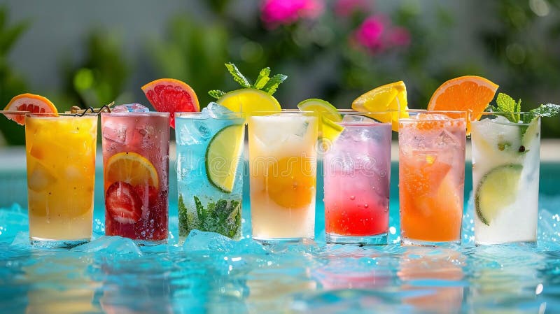 Vibrant Summer Poolside Refreshments with Colorful Drinks in a Row ...