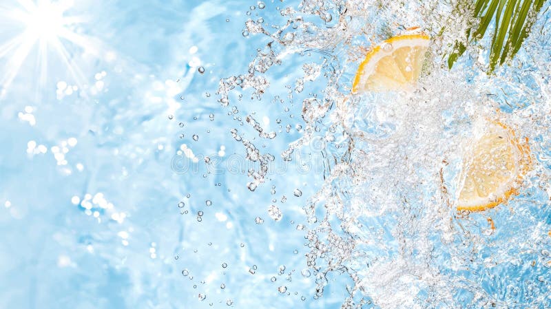 Lemon Splash in Transparent Blue Water with Bubbles and Sunlight Stock ...