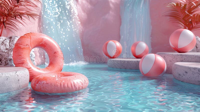 Vibrant Summer Scene with Pink Pool Float and Beach Balls Stock ...