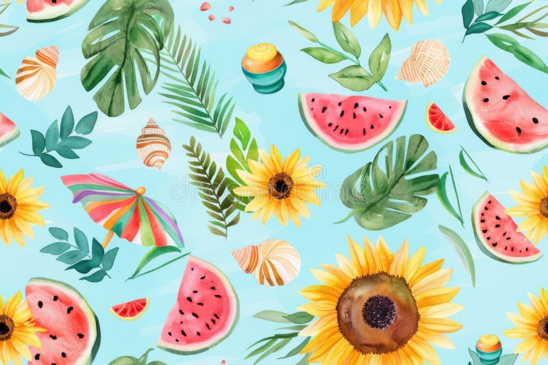 Vibrant Summer Seamless Pattern Featuring Sunflowers, Watermelons, and ... Vibrant Summer Seamless Pattern Featuring Sunflowers, Watermelons, and ...