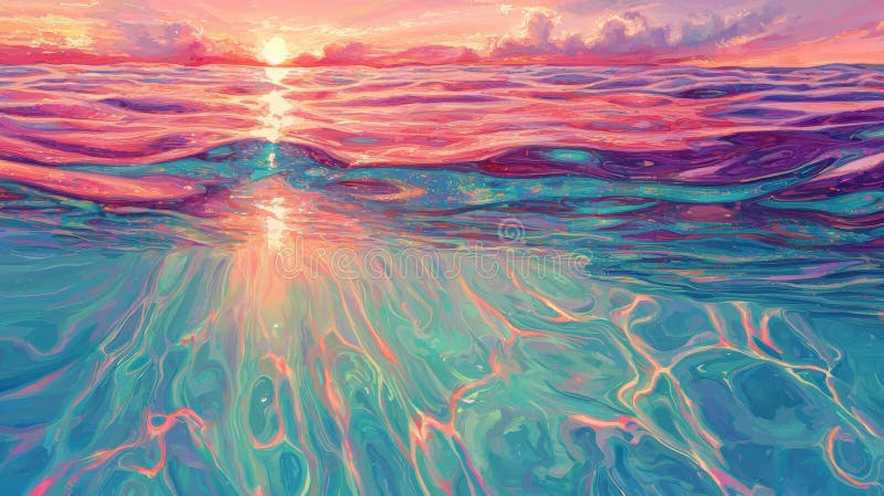 Vibrant Summer Sunset Over Ocean, Showcasing Beautiful Waves and ...