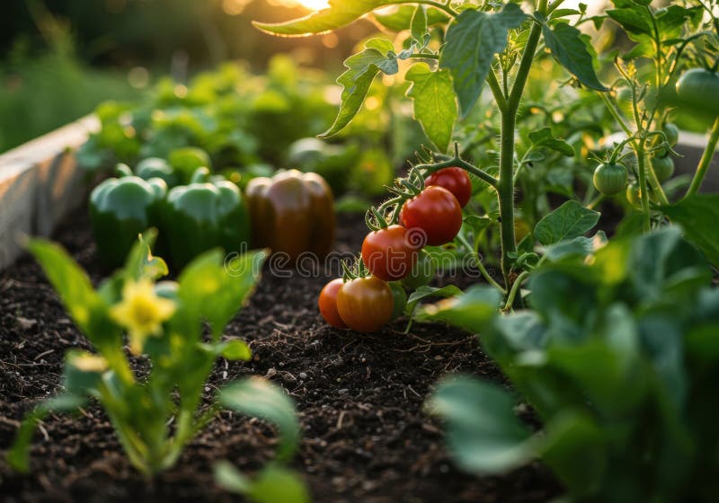 Vibrant Summer Vegetable Garden with Tomatoes and Peppers in Raised Bed Stock Photo - Image of ...