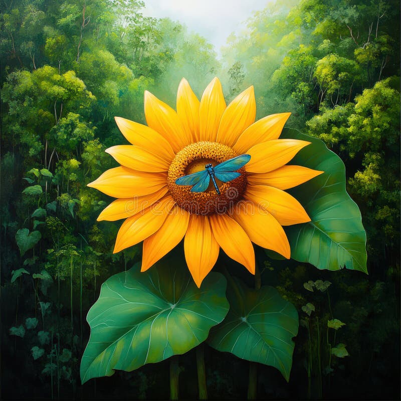 Vibrant Sunflower with Blue Dragonfly in Lush Green Forest Setting ...