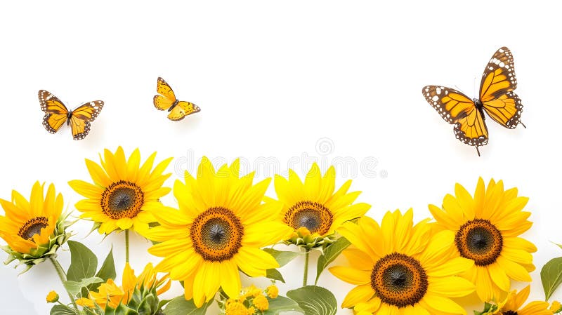Vibrant Sunflower Border with Monarch Butterflies on White Background ...