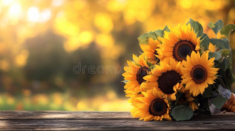 Vibrant Sunflower Bouquet on Rustic Wood High Quality Image Stock ...