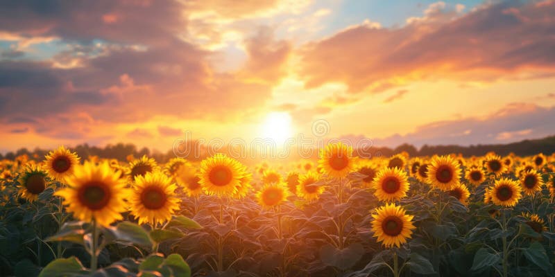 Vibrant Sunflower Field at Sunset with Dramatic Clouds and Golden Light Stock Image - Image of ...