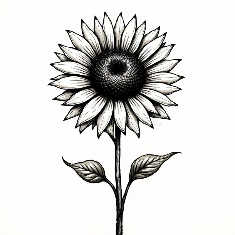 Vibrant Sunflower in Ink Detailed Petals and Bold Stem Stock ...