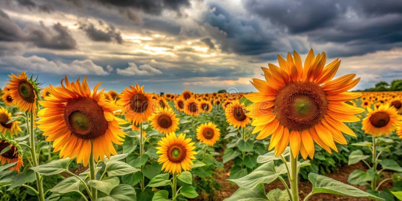 Vibrant Sunflowers in a Field Basking in the Golden Light of a Dramatic ...