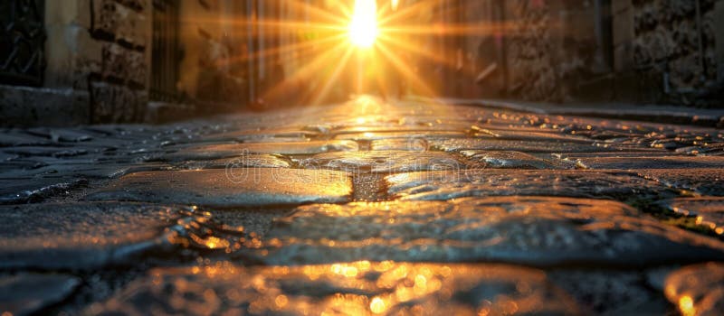 Vibrant Sunlight on Cobblestone Street Stock Photo - Image of walk ...