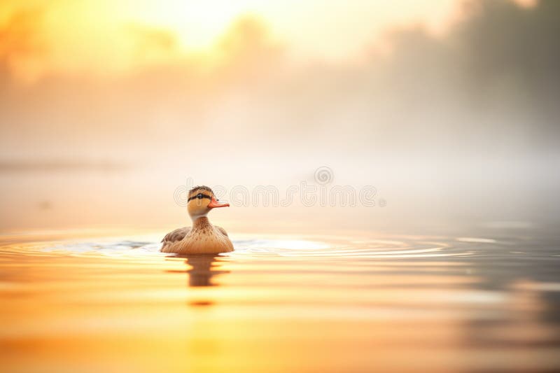 Vibrant Sunrise Behind Duck on Misty Waters Stock Photo - Image of lake ...