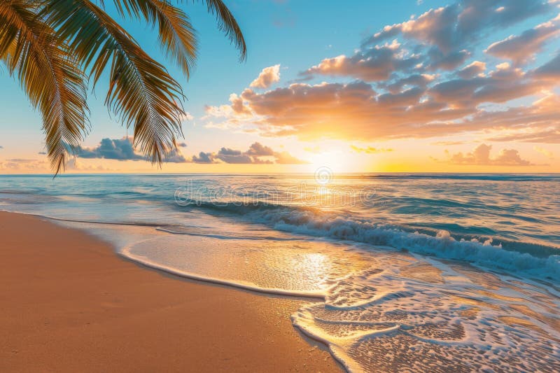 Vibrant Sunrise Over Ocean Waves on Sandy Beach Stock Illustration ...