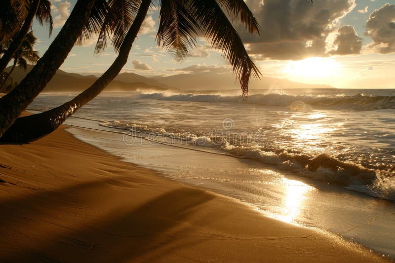 Vibrant Sunrise Over Ocean Waves on Sandy Beach Stock Illustration ...