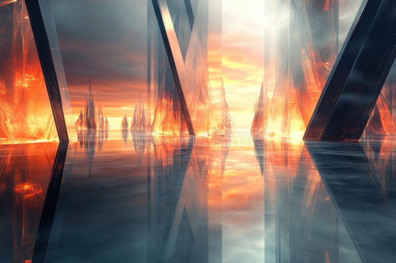 Stunning Sunrise Reflected in a Futuristic Landscape with Glowing ...