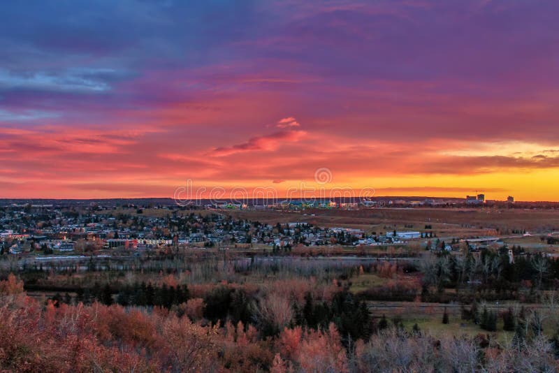 Vibrant Sunrise Over a Calgary Park Stock Image - Image of panoramic ...