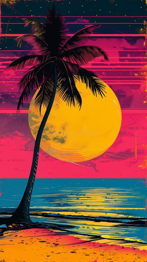 Vibrant Sunset: an Abstract Silk Screen of Palm Trees and Bold C Stock ...