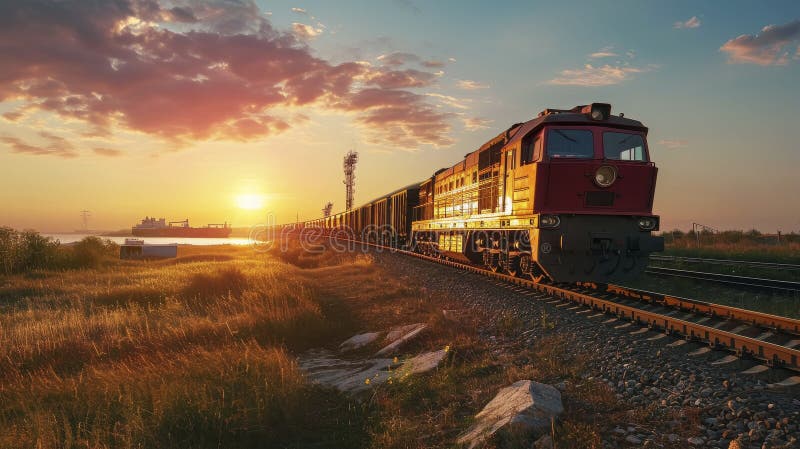 Freight Train at Sunset on Railway Stock Photo - Image of logistics ...