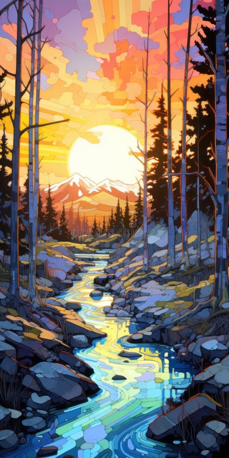 Vibrant Sunset: Bold Graphic Illustration of a Stream and Birch Tree ...