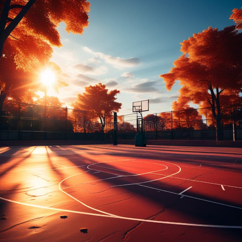 A Vibrant Sunset Casting Long Shadows on an Empty Basketball Court ...