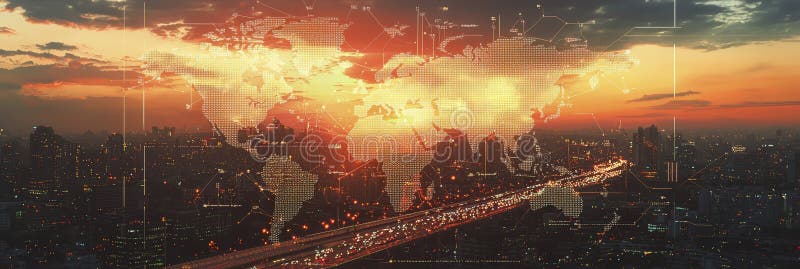 City Skyline at Sunset with World Map Digital Overlay Stock ...