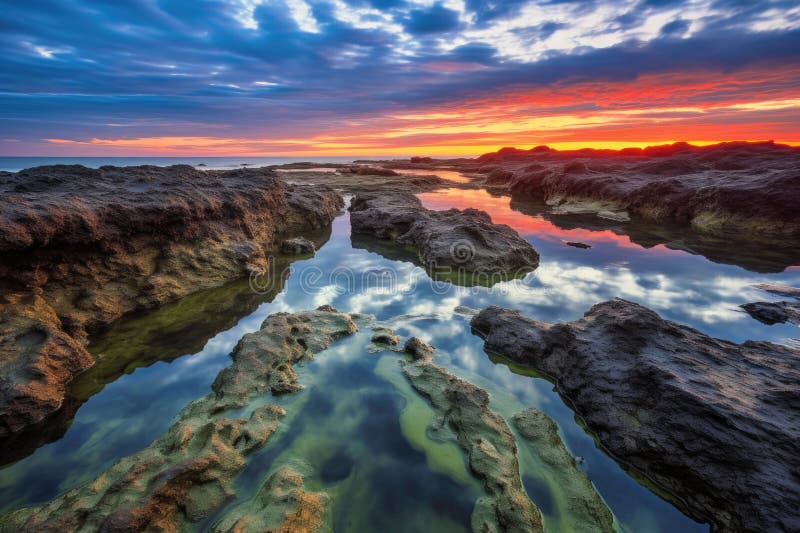 Vibrant Sunset Colors Reflecting on a Beach Tide Pool Stock ...