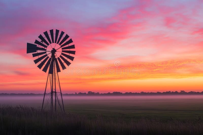 A Vibrant Sunset Colors the Sky Behind a Windmill, Creating a ...