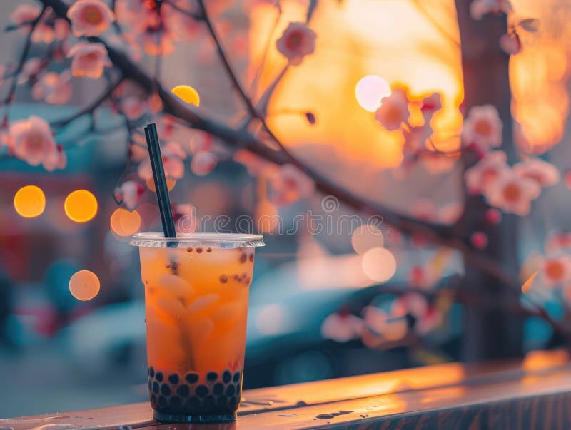 Vibrant Sunset Featuring a Refreshing Iced Bubble Tea with Chewy ...