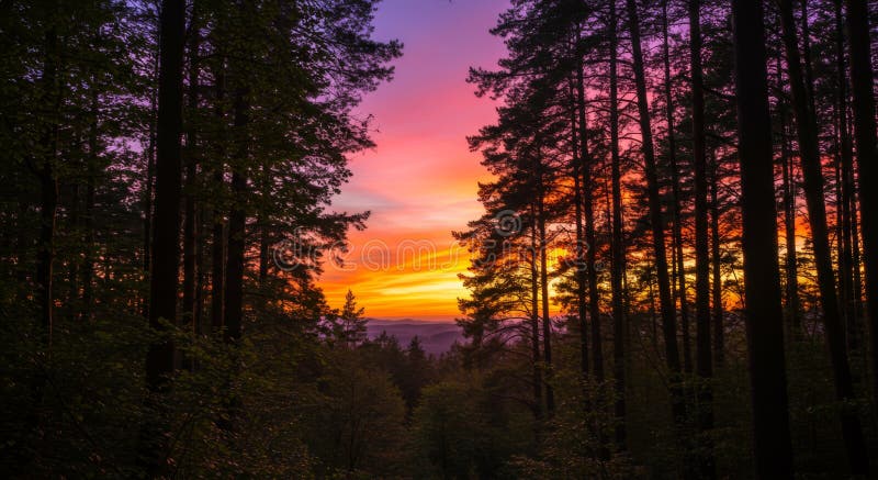 Vibrant Sunset through Forest Trees Stock Illustration - Illustration ...